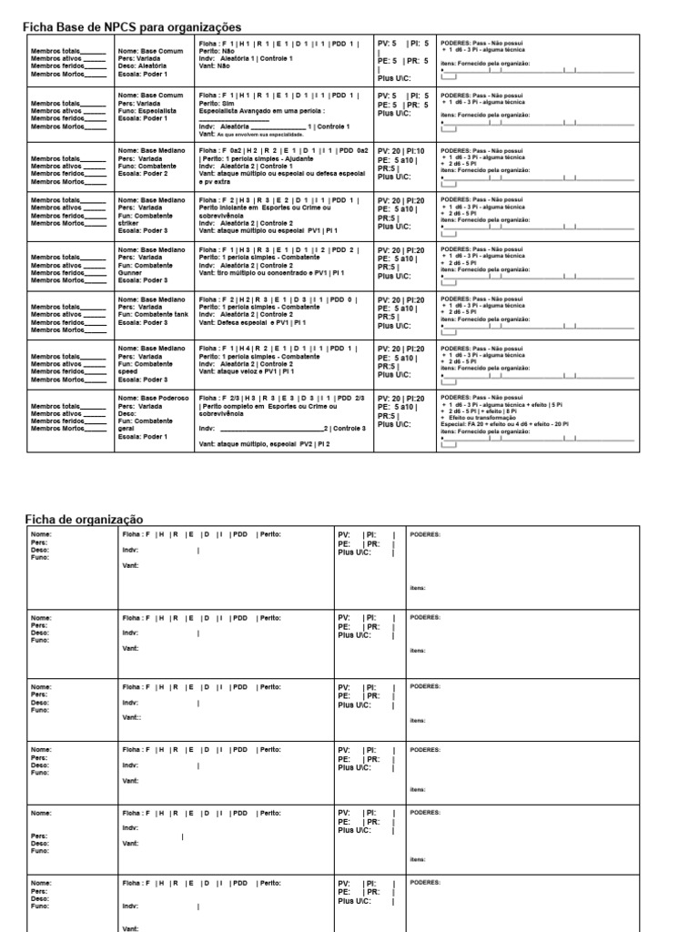 Ficha Base de NPCS para organizações | PDF