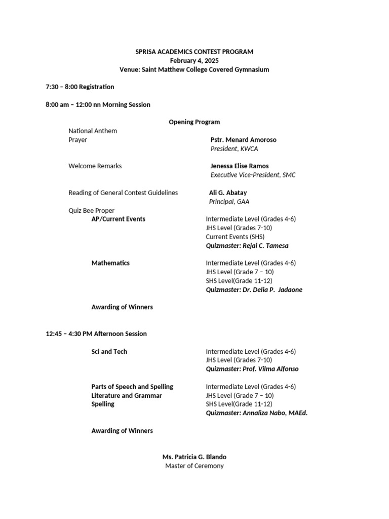 SPRISA Academic Contest 2025 Schedule | PDF