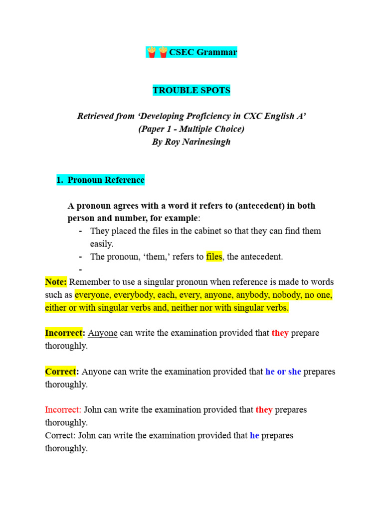 CSEC Grammar Troublespots - MULTIPLE CHOICE | PDF | Verb | Adjective
