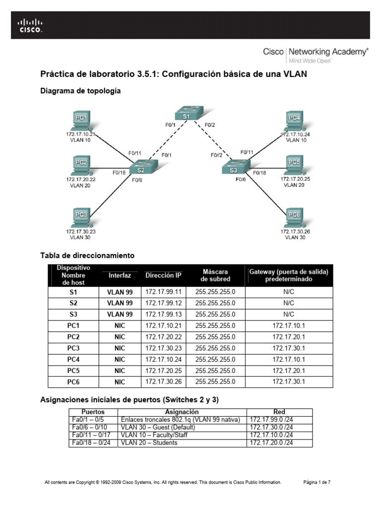 Práctica de Laboratorio 3.5.1 Configuración Básica de Una VLAN | PDF | Conmutador de red ...