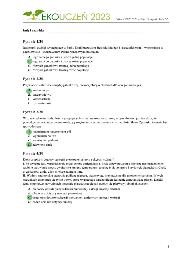 EKOUCZEN 2023 Etap Szkolny Dla Klas 7 8 Pytania | PDF