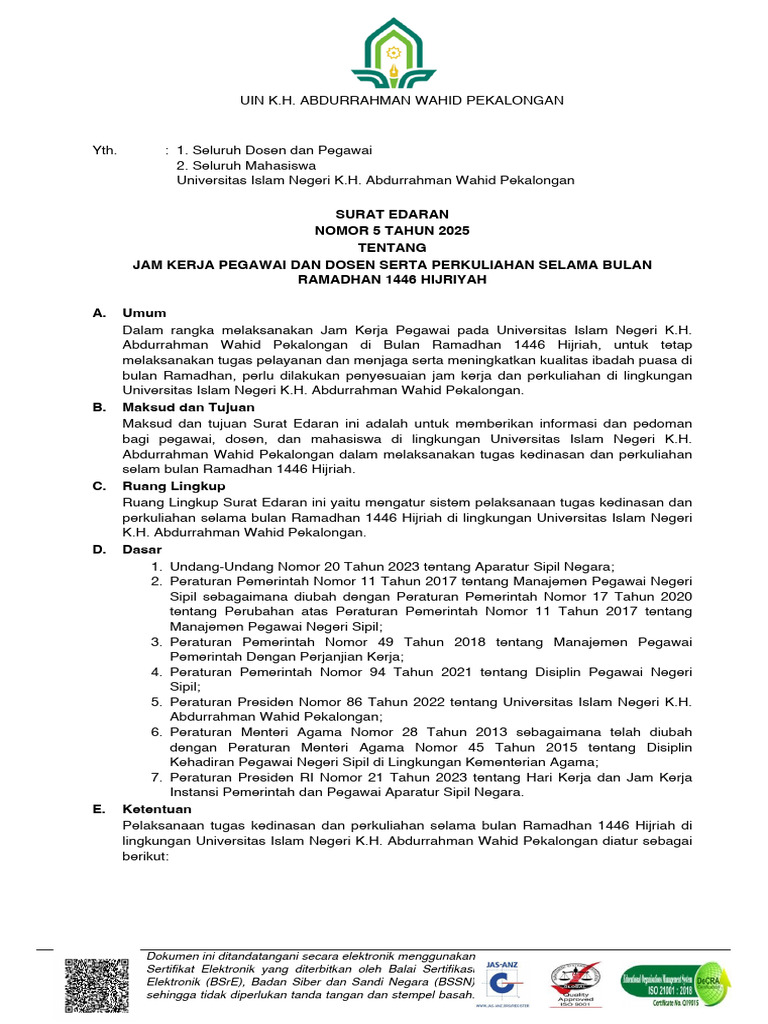 NOMOR 5 TAHUN 2025 SE Jam Kerja Selama Ramadhan | PDF