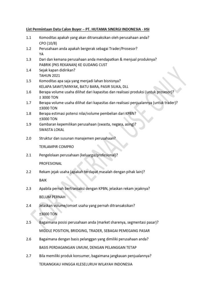 15.list Kuisioner Permintaan Data Calon Buyer (1) HSI | PDF