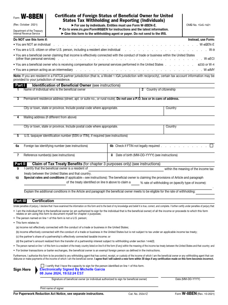 W-8BEN Form for Foreign Individuals | PDF | Taxes | Government Finances