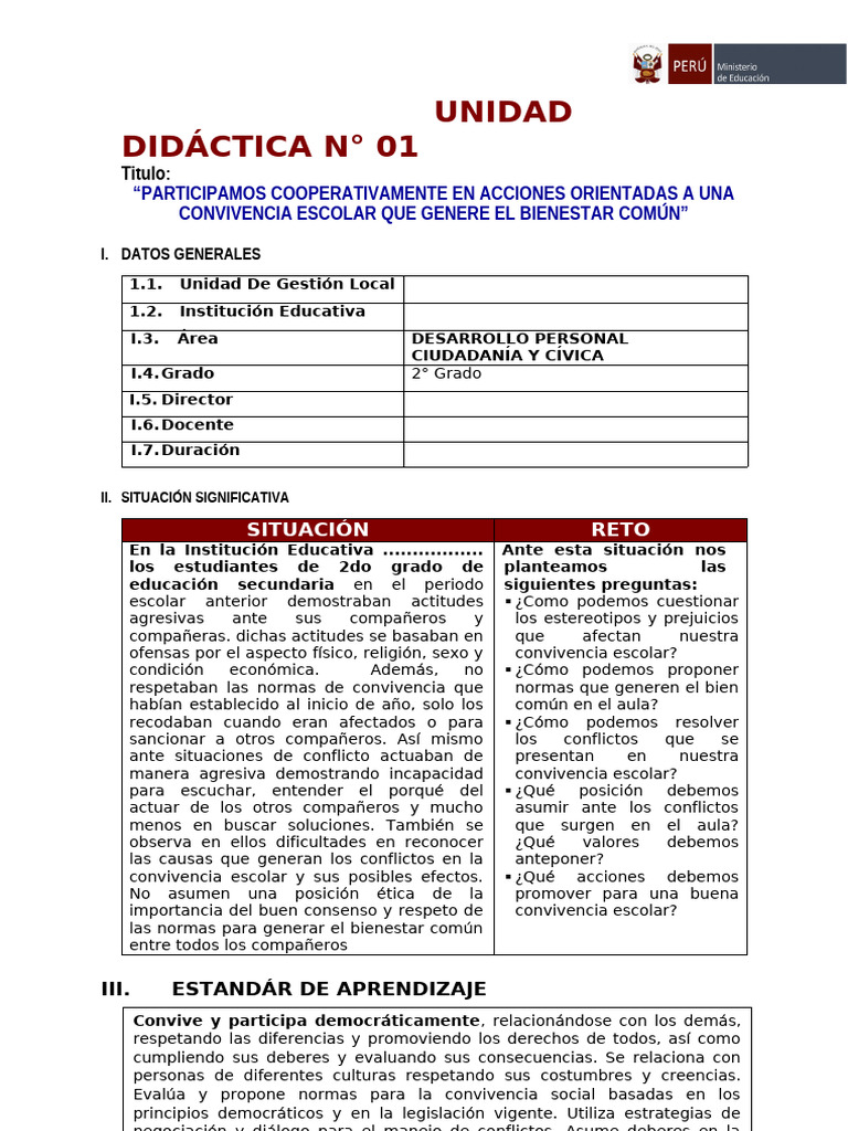 2° GRADO UNIDAD DIDACTICA N° 01 | PDF | Aprendizaje | Maestros
