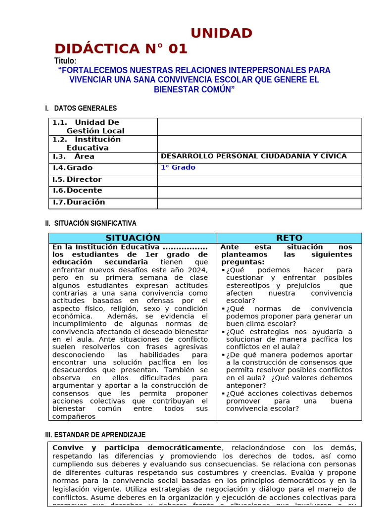1° Grado - Unidad #01 - DPCC | PDF | Aprendizaje | Maestros