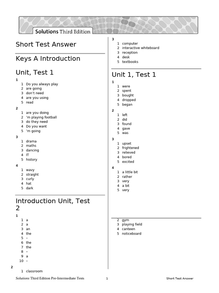 Sol3e Preint Short Test Answer Keys A | PDF
