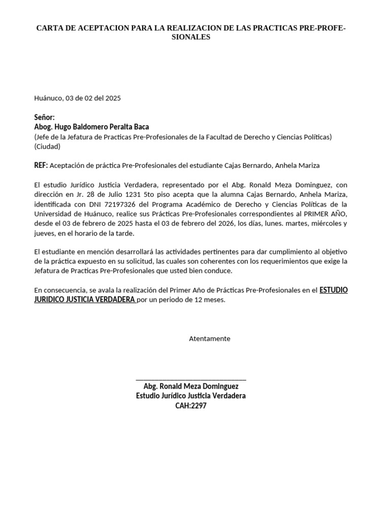 FORMATO DE LA CARTA DE ACEPTACION | PDF