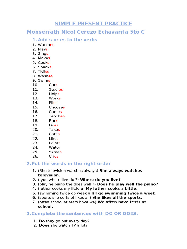 Simple Present Practice | PDF | Linguistics