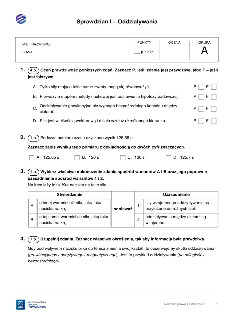 Fizyka Sposob Na Fizyke Klasa 7 Sprawdzian-I | PDF
