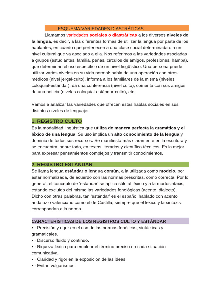 Esquema Variedades Diastráticas | PDF | Léxico | Dialecto