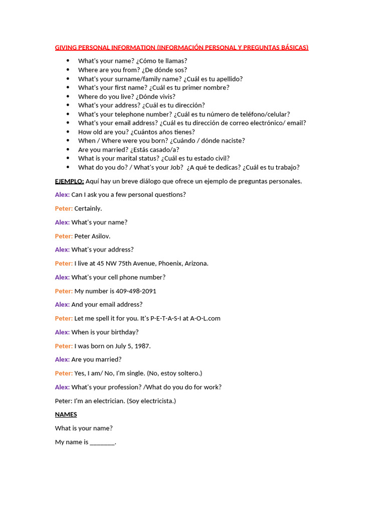 Giving Personal Information | PDF