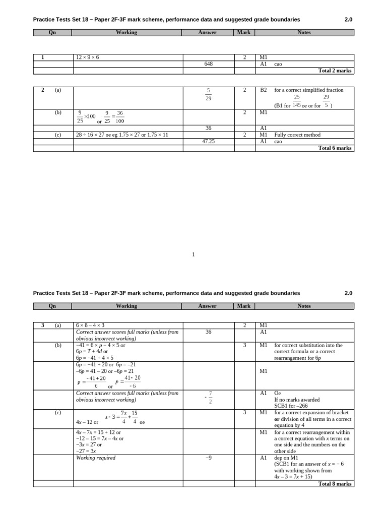 Practice Tests Set 18 - Paper 2F/3F - MS - GCSE Maths 1MA1 | PDF ...