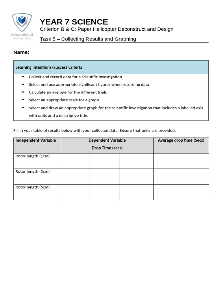 Year 7 Science: Paper Helicopter Data Analysis | PDF