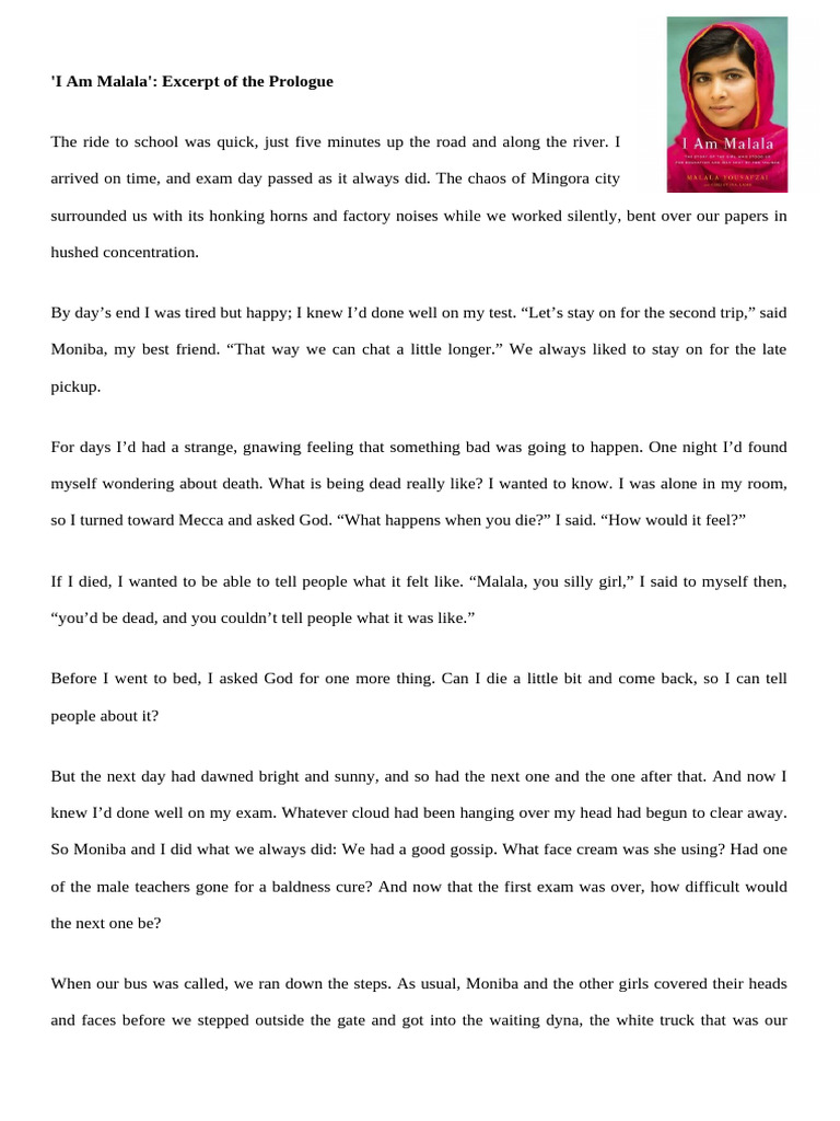 Autobiography Excerpt I Am Malala Prologue - FInal | PDF