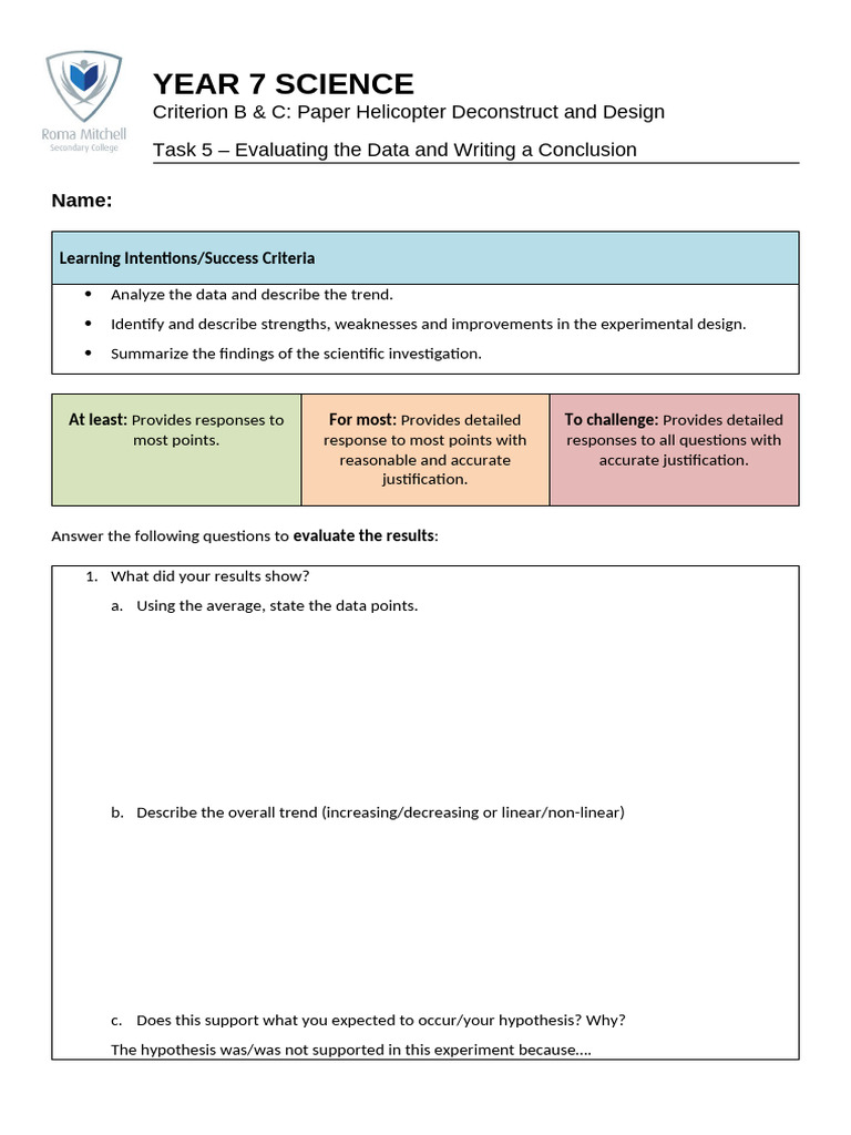 Year 7 Science: Paper Helicopter Evaluation | PDF | Scientific Method ...