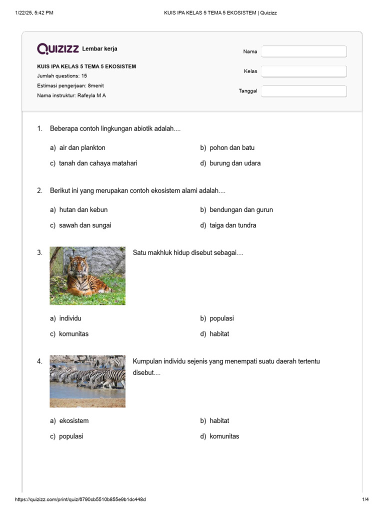KUIS IPA KELAS 5 TEMA 5 EKOSISTEM - Quizizz | PDF
