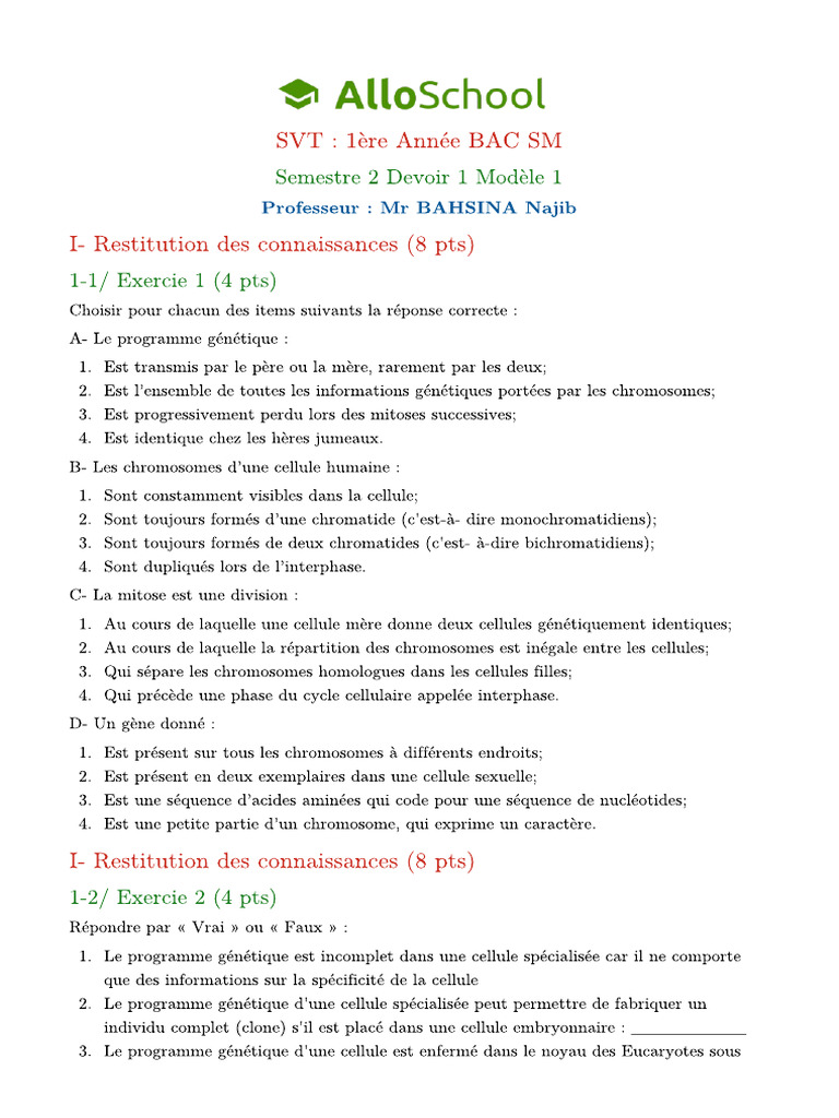 SVT 1bac SM Semestre 2 Devoir 1 Modele 1 1 | PDF