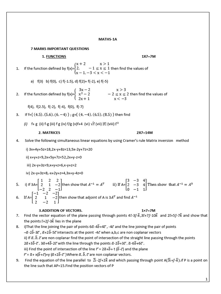 Maths 1A Important Questions Guide | PDF
