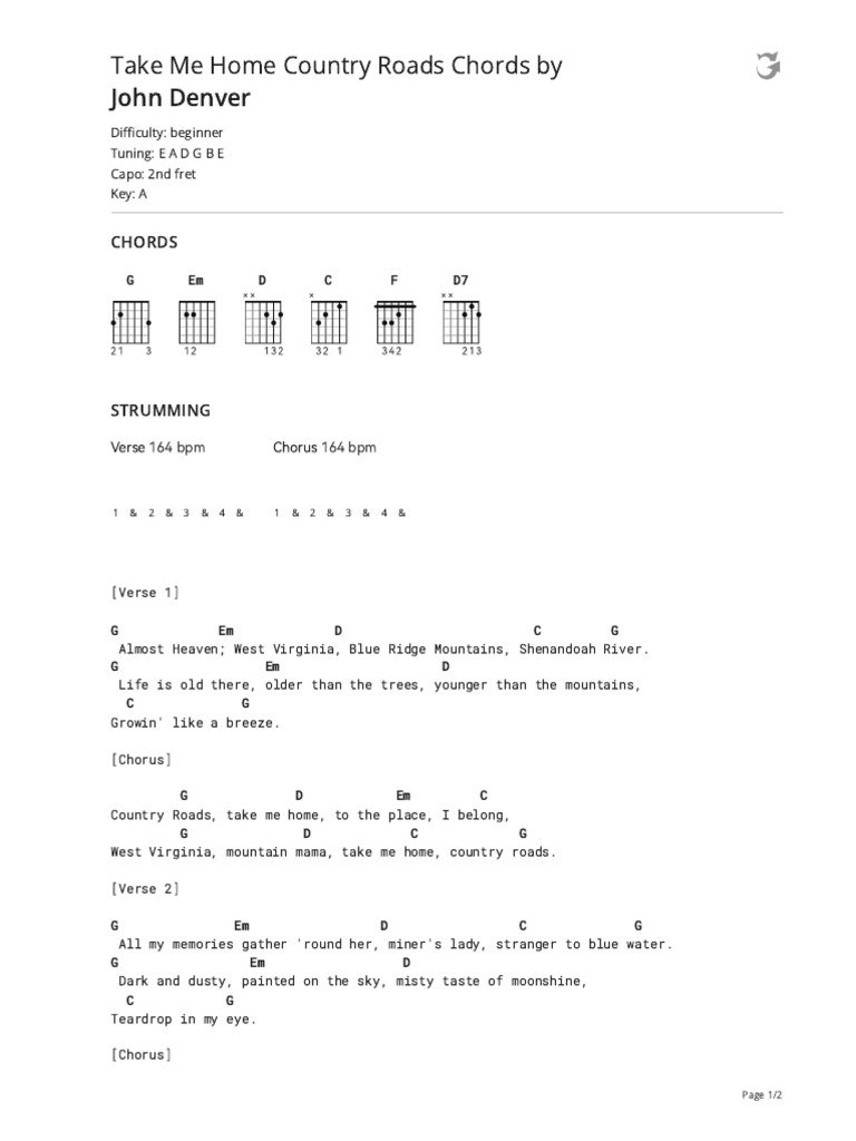 Take Me Home Country Roads Chords (Ver 5) by John Denvertabs at ...