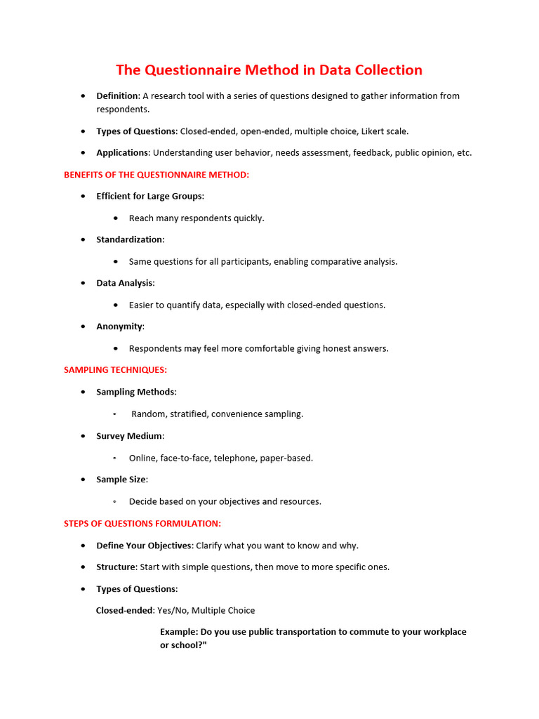 The Questionnaire Method in Data Collection. | PDF
