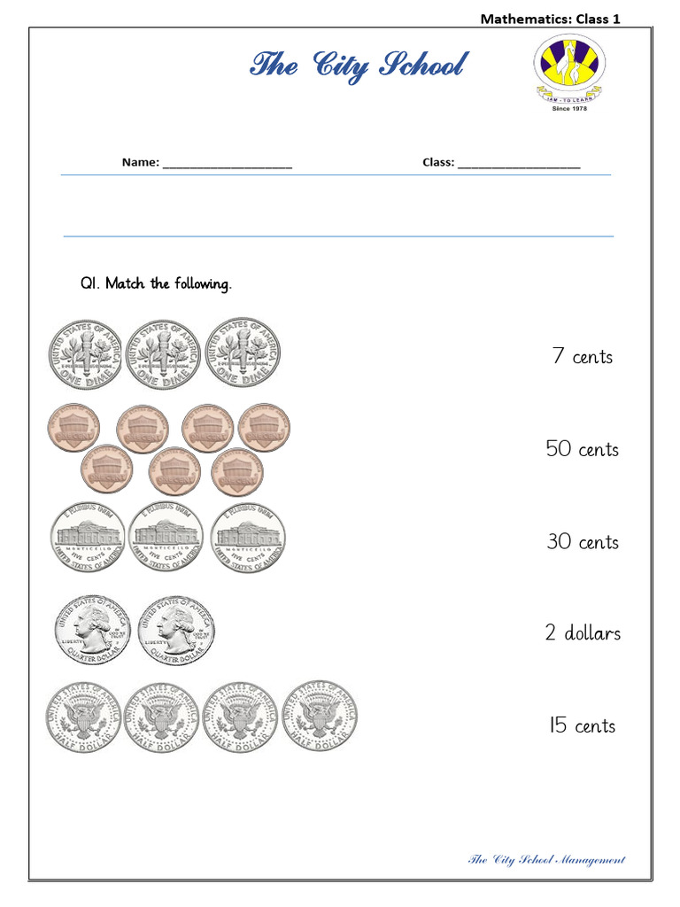 Class 1 Money Worksheet | PDF