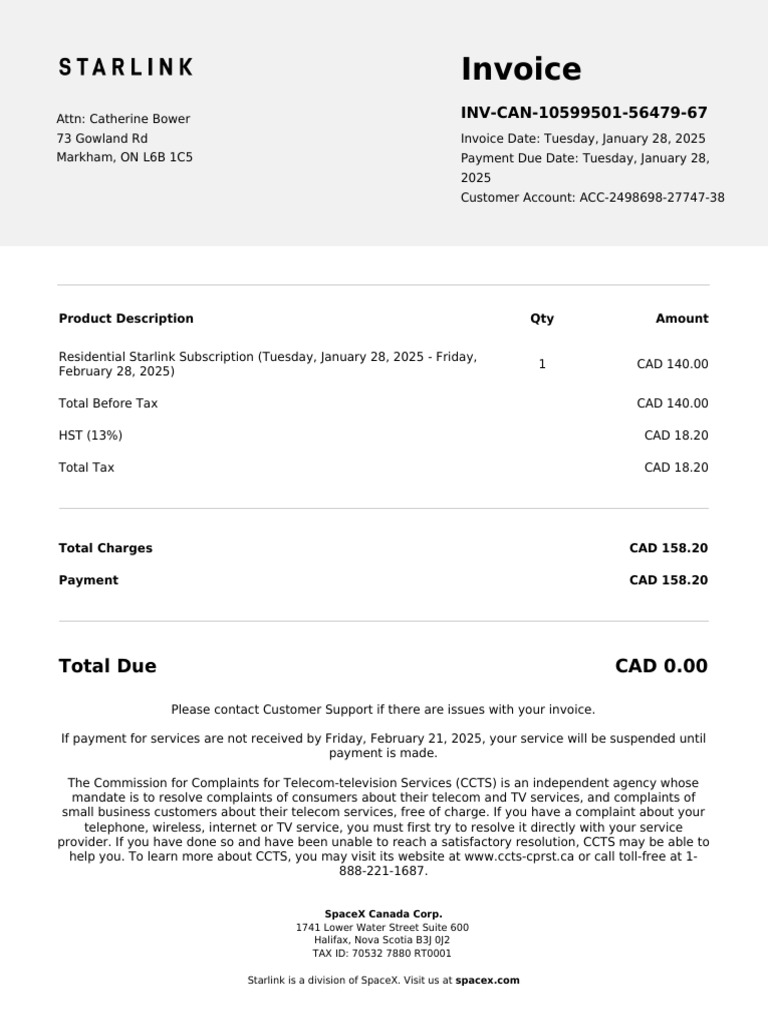 Starlink Invoice for January 2025 | PDF