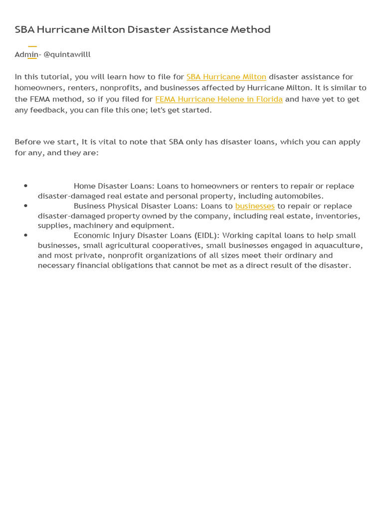 SBA Hurricane Milton Disaster Assistance Method Quintawilll 1 | PDF | Small Business ...