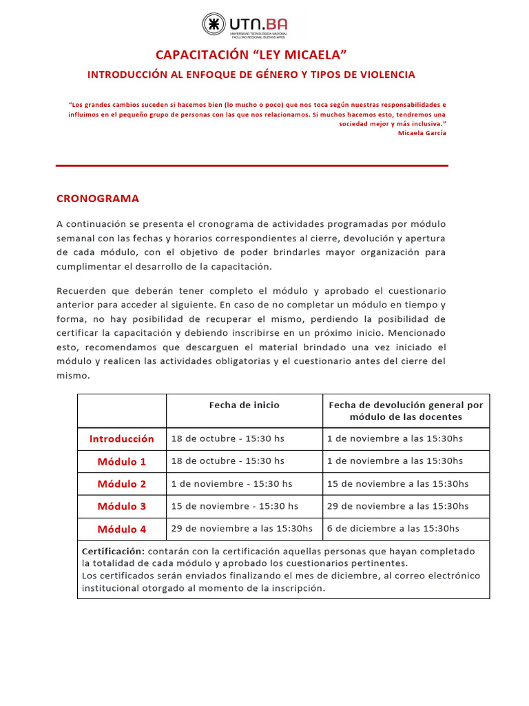 Capacitación Ley Micaela: Cronograma y Certificación | PDF