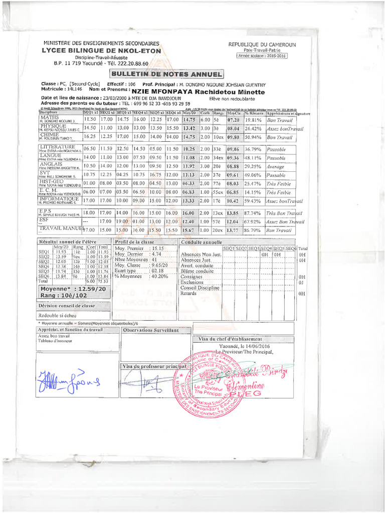 Relevé de Classe Première C | PDF