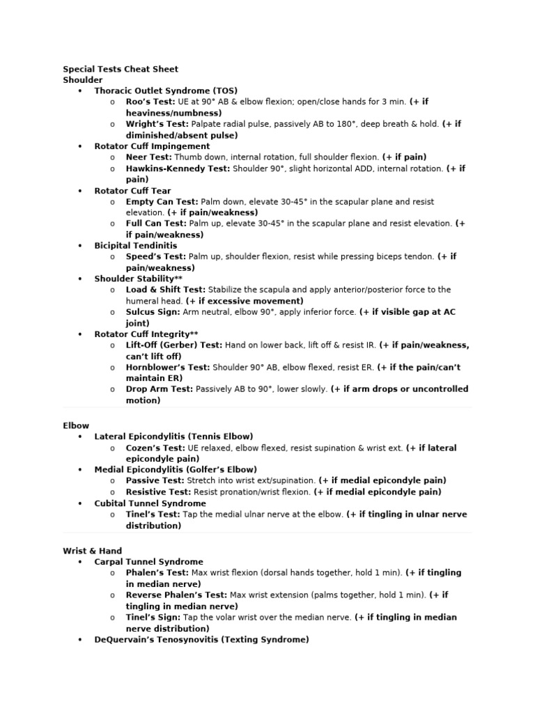 Special Tests Cheat Sheet | PDF | Anatomical Terms Of Motion | Elbow