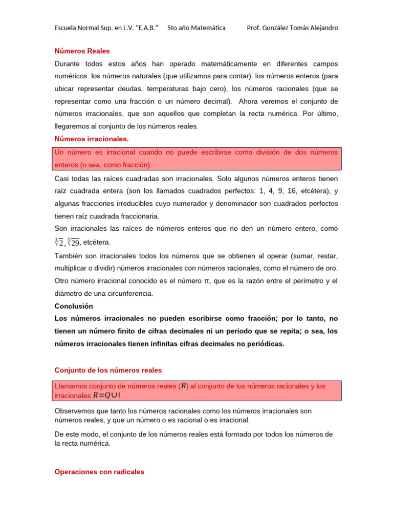 Números Reales y Radicales en Matemática | PDF | Raíz cuadrada | Número ...