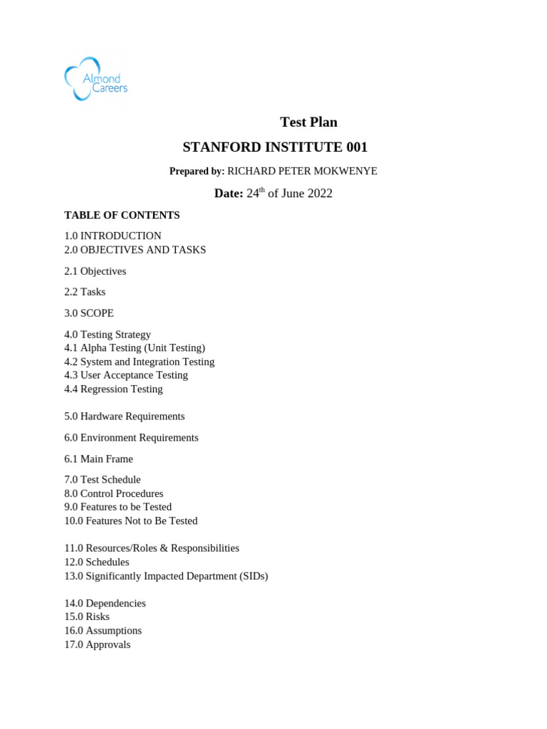 SOFTWARE Test Plan STANFORD INSTITUTE 001-v1.0 | PDF | Software Testing ...