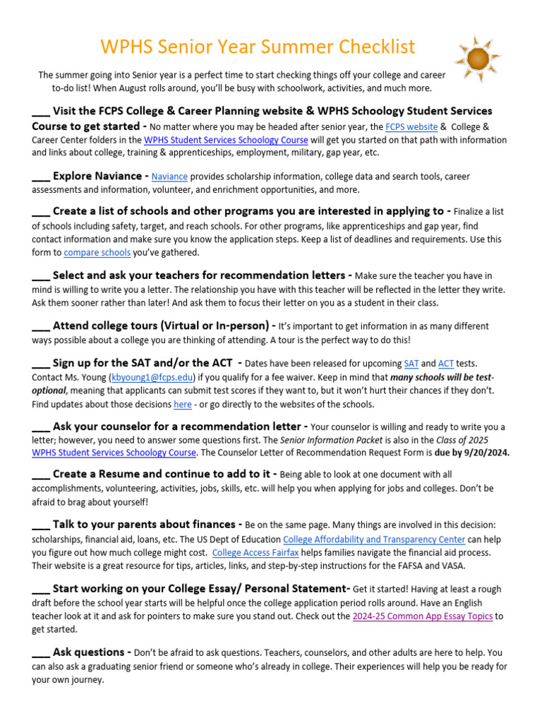 Senior Year College Prep Checklist | PDF | Student Financial Aid In The ...