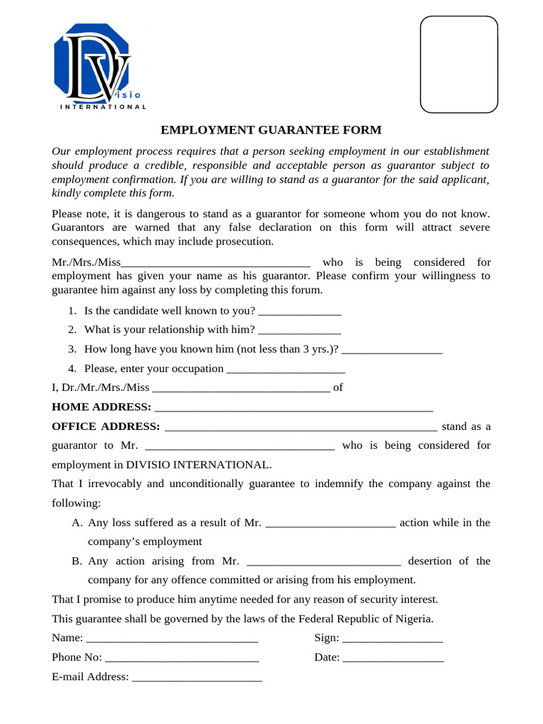 Employment Guarantee Form | PDF