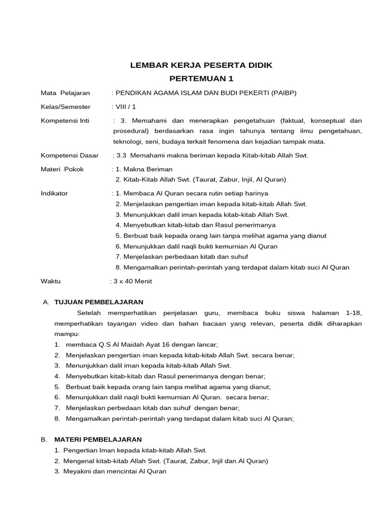LKPD-K8-KD-3-3-Memahami-Makna-Beiman-Kepada-Kitab-Kitab-Allah-Swt 2019 | PDF
