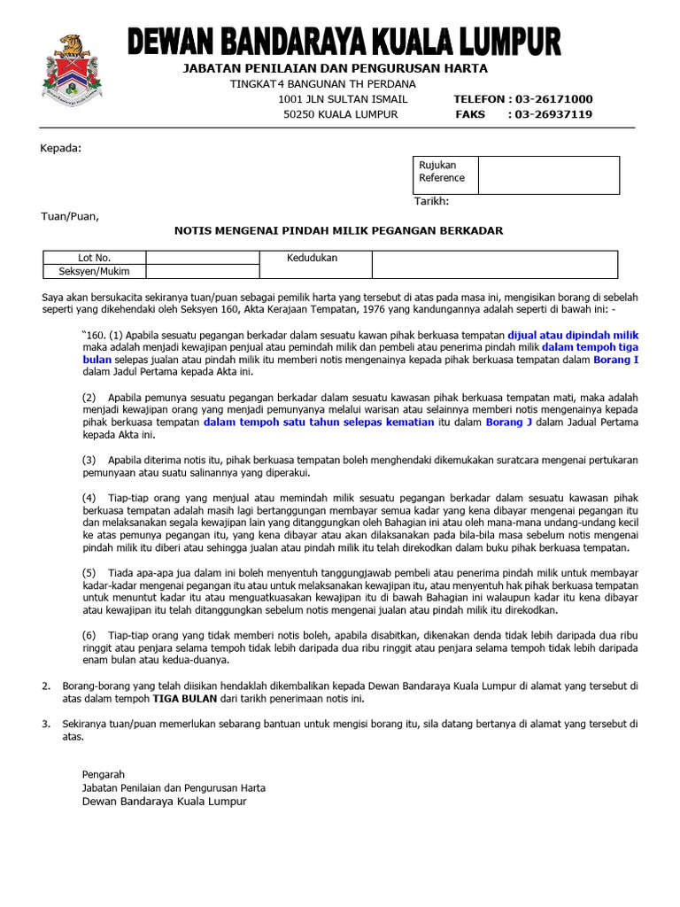 Cukai Taksiran DBKL (Borang I & J) | PDF