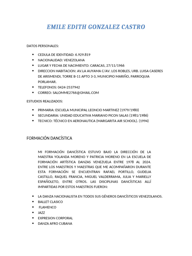 Emile Edith Gonzalez Castro | PDF | Venezuela | Las artes escénicas