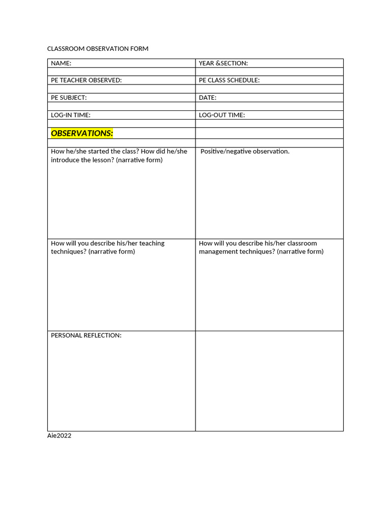 Classroom Observation Form | PDF