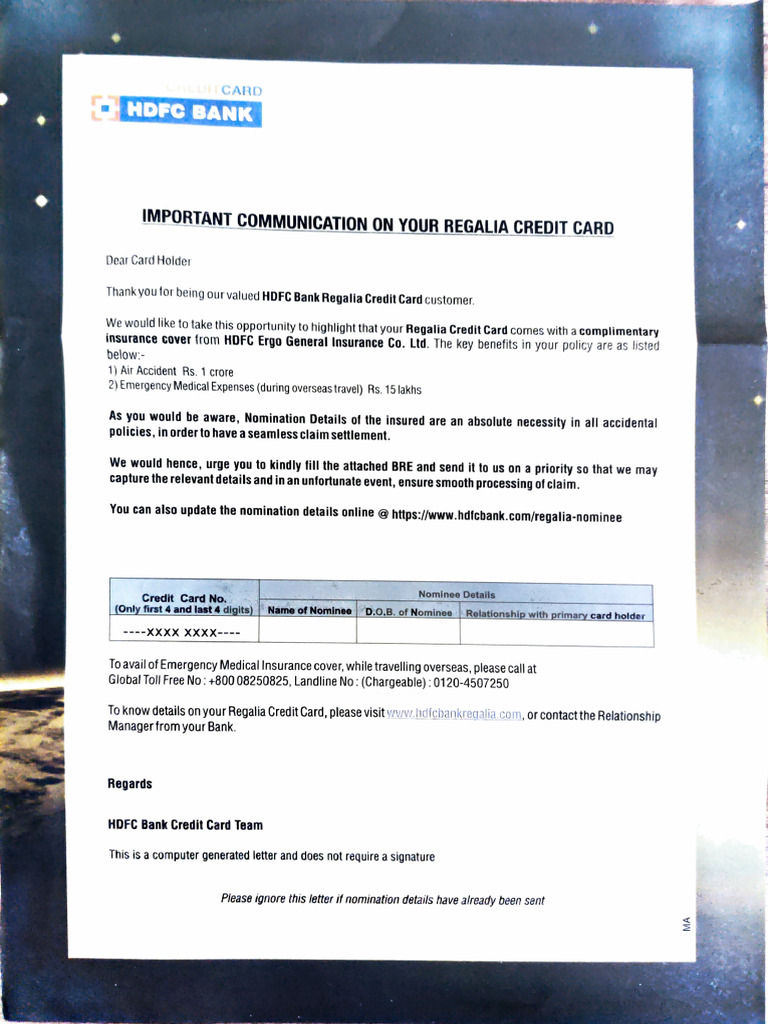 HDFC Regalia Card Insurance Benefits | PDF