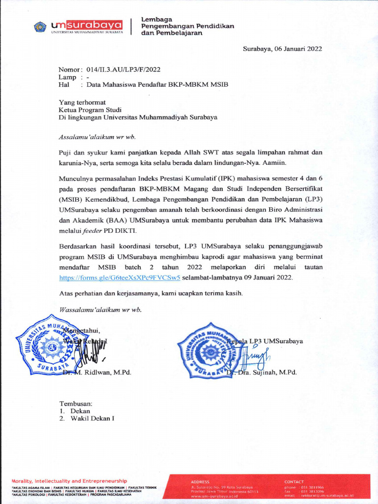 014 - LP3 UMSurabaya - Data Mahasiswa Pendaftaran BKP MBKM MSIB | PDF