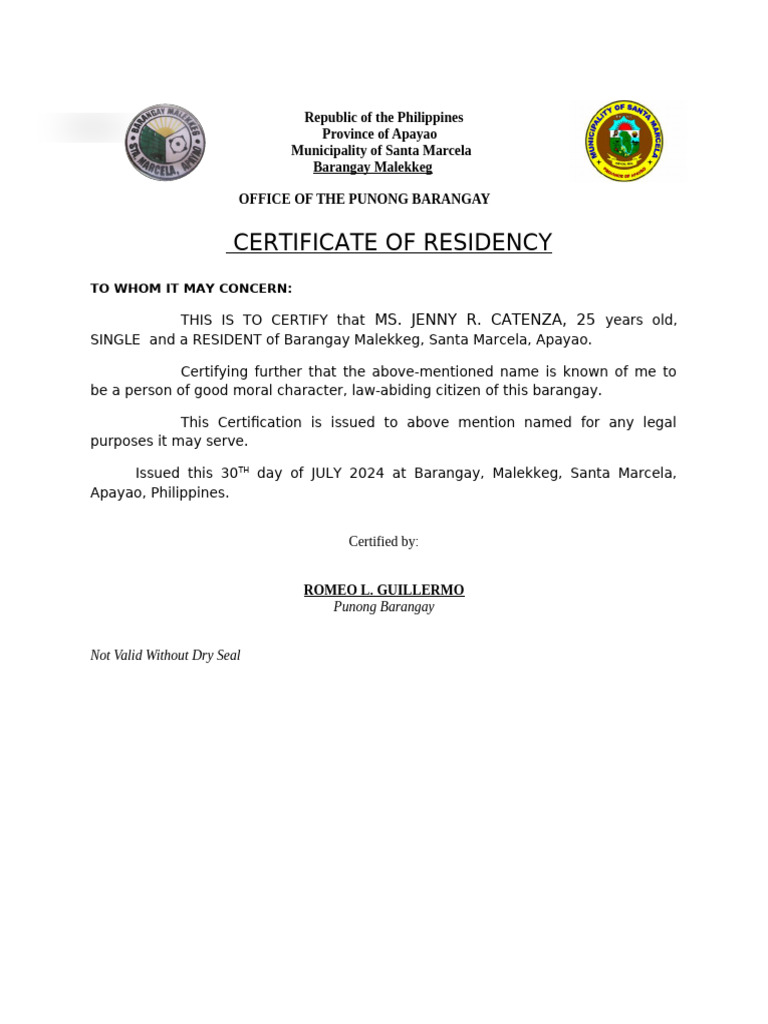 Certificate of Residency for Jenny Catenza | PDF