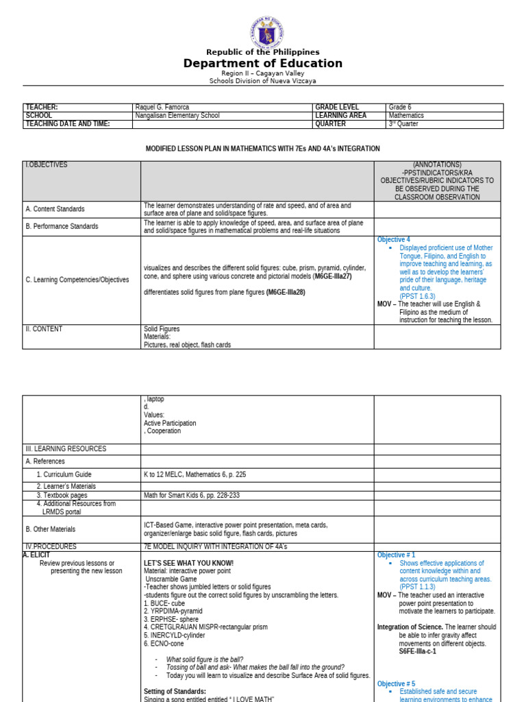 MODIFIED LESSON PLAN IN MATHEMATICS WITH 7es AND 4a's INTEGRATION | PDF ...