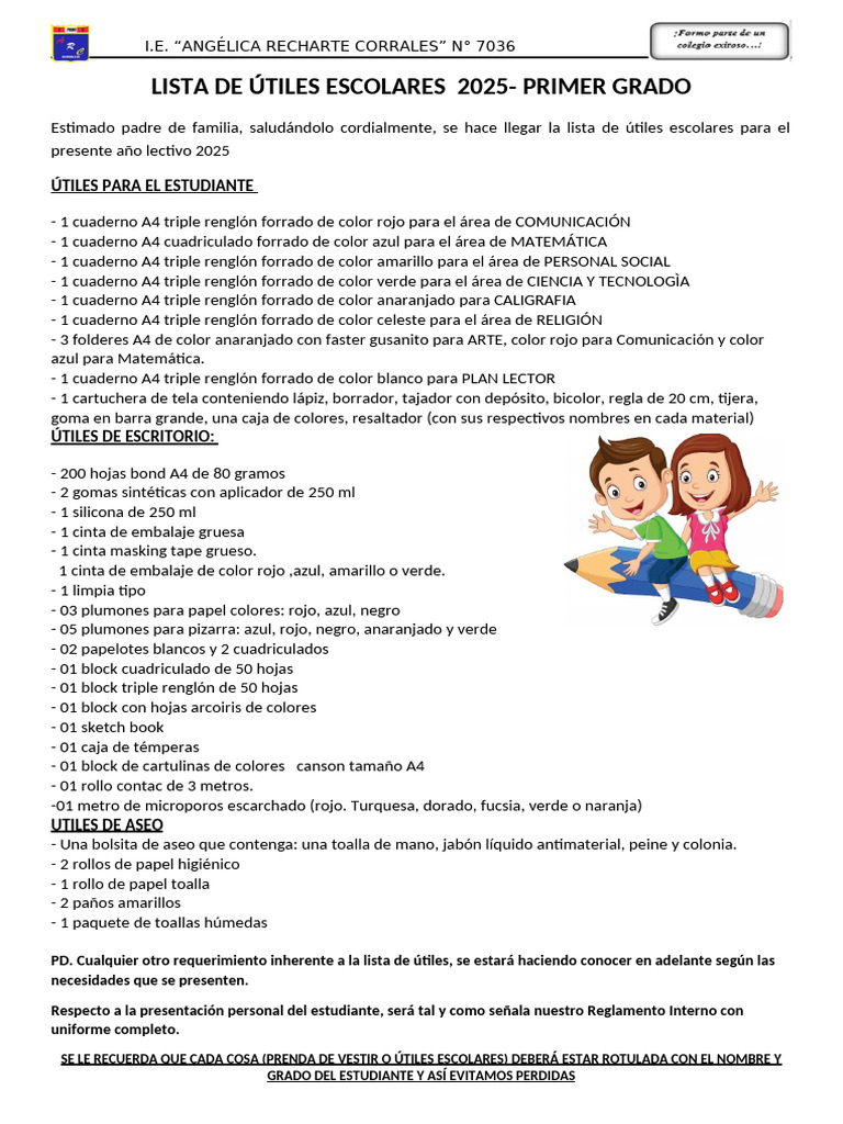 Lista de Útiles Primer Grado 2025 | PDF | Color | Visión