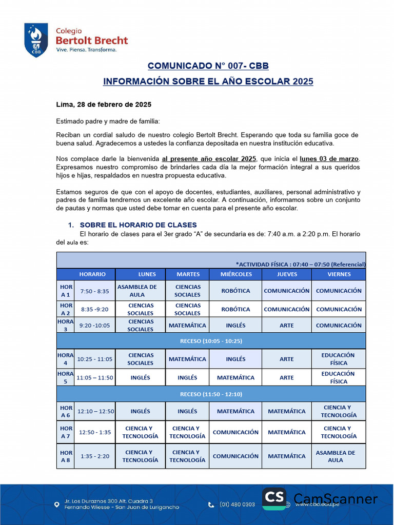 COMUNICADO N!°007_INFORMACIÓN SOBRE EL AÑO ESCOLAR 2025 - 3AS.docx(1) | PDF | Salón de clases ...