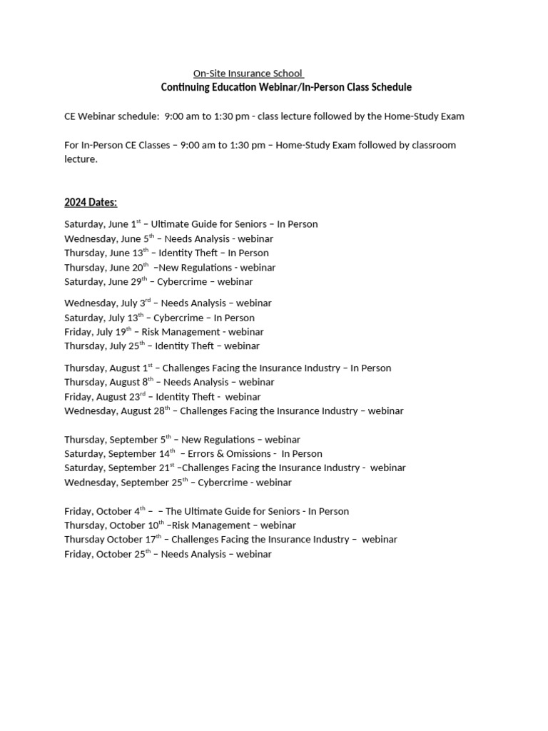 2024 Insurance CE Class Schedule | PDF