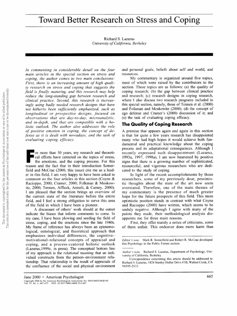 Toward Better Research On Stress and Coping | PDF | Psychology | Emotions