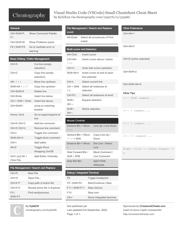 Kylek29 - Visual Studio Code Vscode Small Cheatsheet - BW | PDF | Computing | Software Engineering