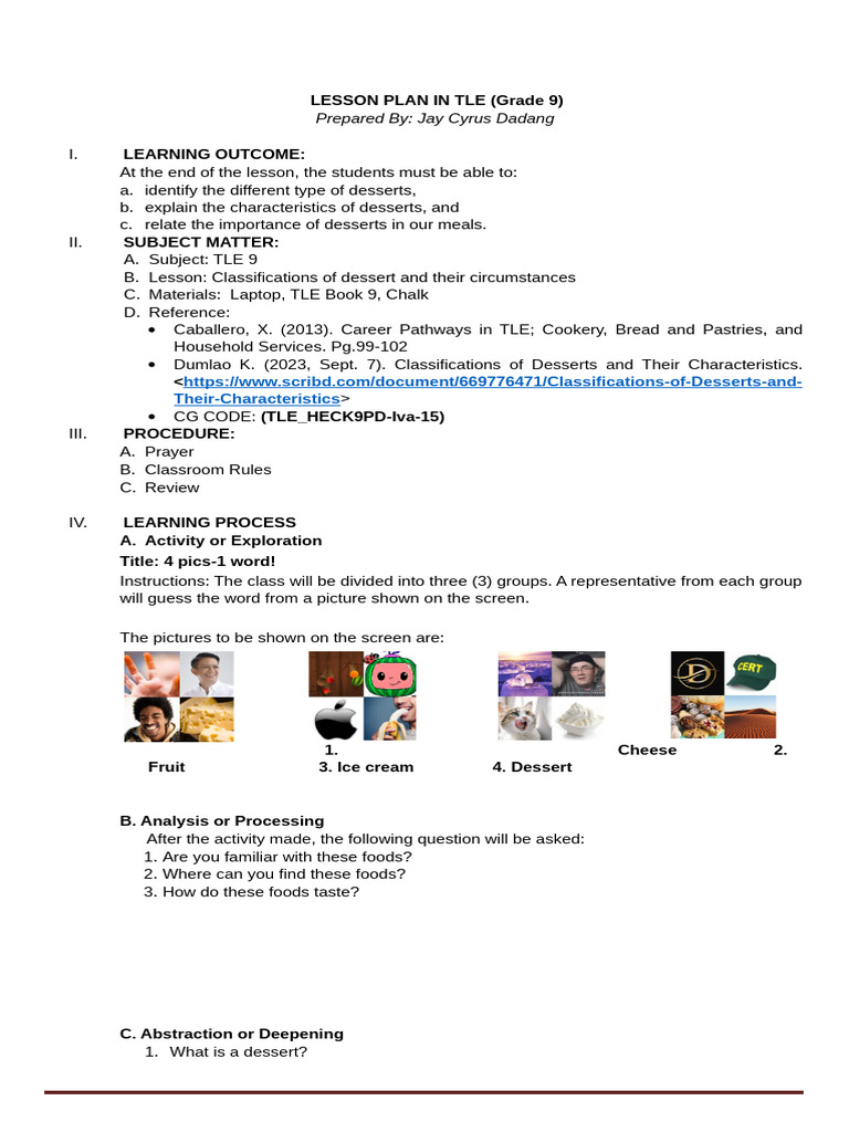 4a's Lesson Plan For TLE 9 - Module 1 | PDF | Desserts | Custard