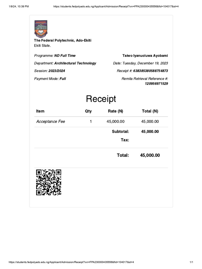 Taiwo Iyanuoluwa Ayobam Receipt | PDF
